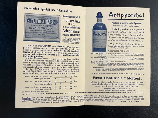 PIEGHEVOLE PUBBLICITARIO Ditta L. Molteni. Preparazioni speciali per odontoiatri