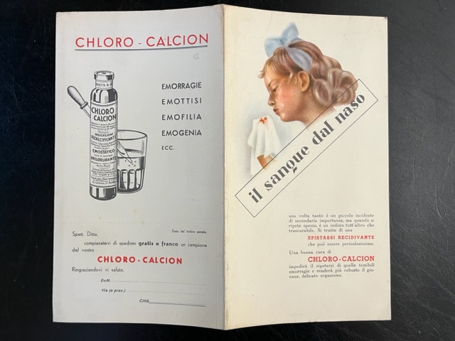 PUBBLICITA' CARTACEA VINTAGE del Chloro-calcion per il sangue dal naso